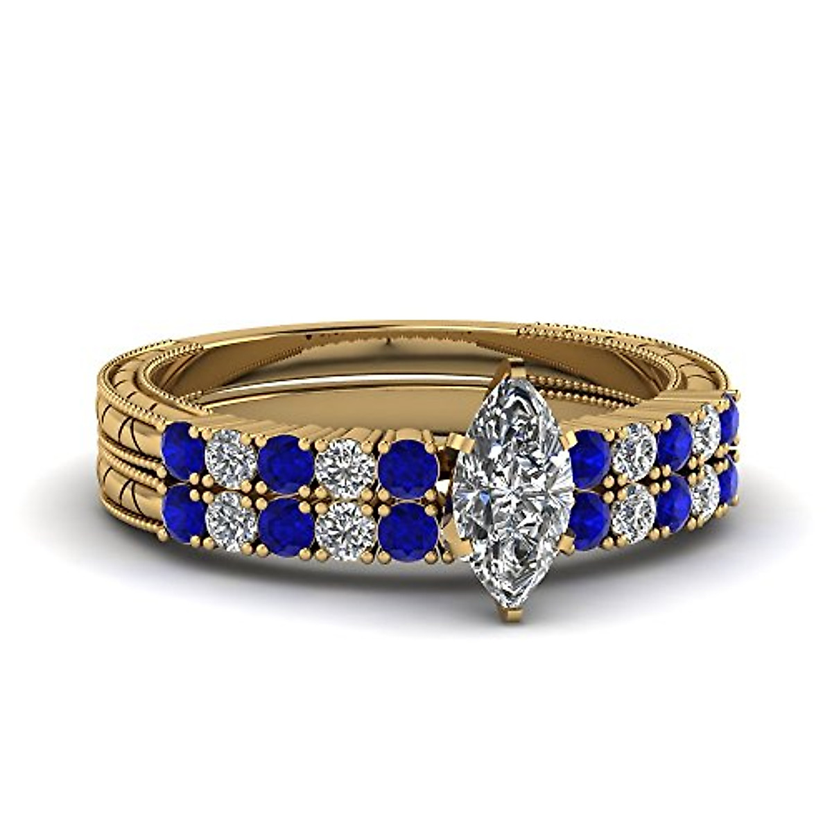 Gemsonclick Petite Vintage Diamond Wedding Set yellow gold plated Created Blue Sapphire Marquise shape Blue color Wedding Ring Sets prong Setting in Size 12 Casual Wear for Gift