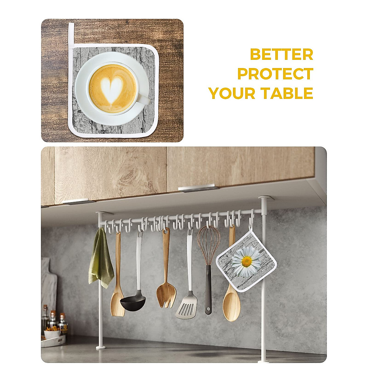 Pot Holder Set of 2 Country White Daisy Flower Potholder Heat Proof Non-Slip Pot Holders,Vintage Wood Grain Hot Pads Potholders for Kitchen Cooking Baking BBQ