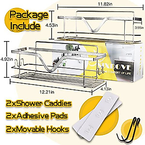 SIXDOVE Shower Caddies 2 PACK - No Drilling Adhesive Shower Organizer with Hooks, Rustproof SUS304 Stainless Steel Bathroom Shower Shelf, Shower Rack Large Shower Holder & Kitchen Storage (Silver)