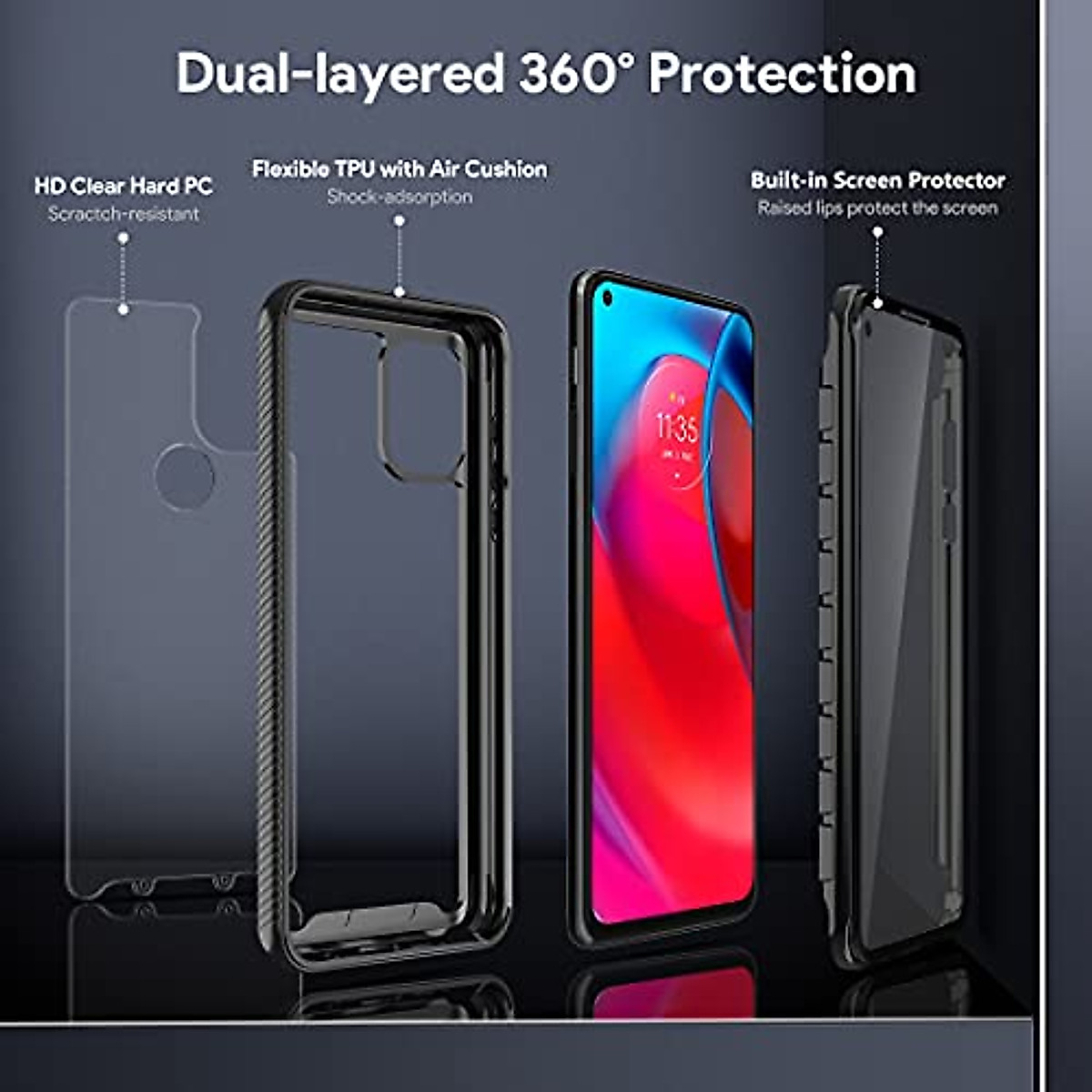 HATOSHI Case for Moto G Stylus 5G Case, Motorola G Stylus 5G Case with Built in Screen Protector, Full-Body Military Shockproof Clear Protective Phone Case Cover with 2 Camera Lens Protector, Black