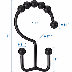 Shower Curtain Hooks Rings, TENOVEL Double Sided Shower Hooks Rust Proof for Bathroom Shower Rods Curtain, Durable Stainless Steel Bathroom Shower Curtain Hangers, Matte Black, Set of 12