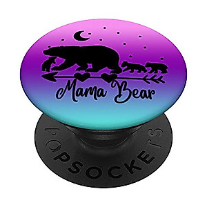 Black Mama Bear and Three Cubs On Teal Purple Pink Ombre PopSockets Swappable PopGrip
