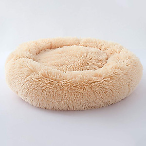 Luxury Fur Donut Cuddler Round Cat and Dog Cushion Bed Self-Warming and Cozy for Improved Sleep (Big Size, Beige)