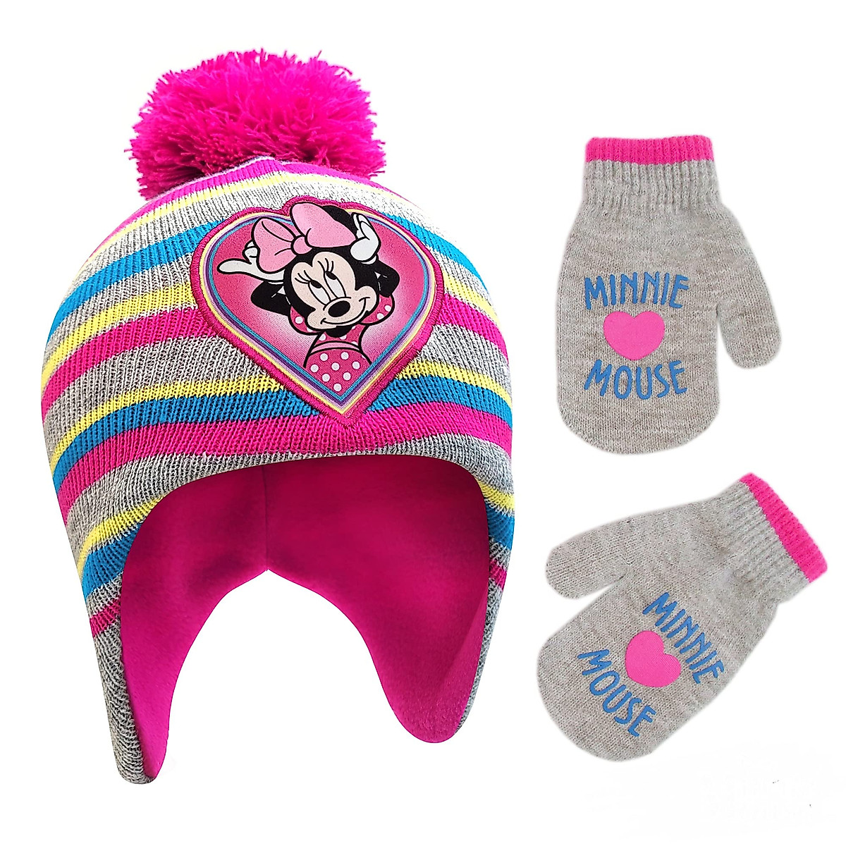 Disney Girls Toddler Winter 2-4 Or Minnie Mouse Hat and Kids Gloves Ages 4-7, Pink/Grey-Mittens Set, 2-4T