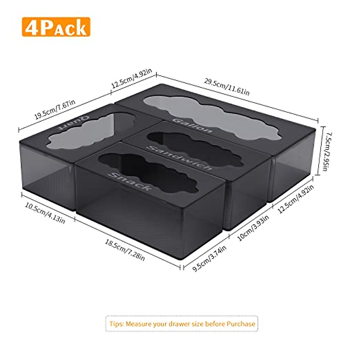 Liotww Ziplock Bag Organizer for Drawer, Storage Bag Organizer, Baggie Organizer, Sandwich Bag Organizer, Ziploc Bag Organizer for Gallon Quart Snap (4 Pack, Grey)