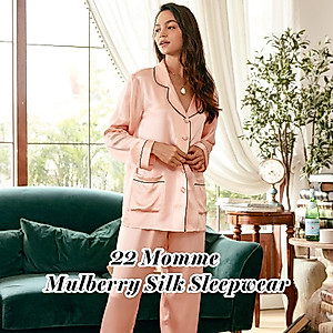 COLD POSH Womens Silk Pajamas Set Slim Fit Long Sleeve Classic Sleepwear Luxury 100% Mulberry Silk Luxury 22 Momme Loungewear,Pink,XL