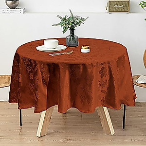 Hexagram Fall Tablecloth Round, Thanksgiving Tablecloth 70 Round inch, Jacquard Rust Maple and Fall Leaves Fabric Kitchen Table Decorations for Home