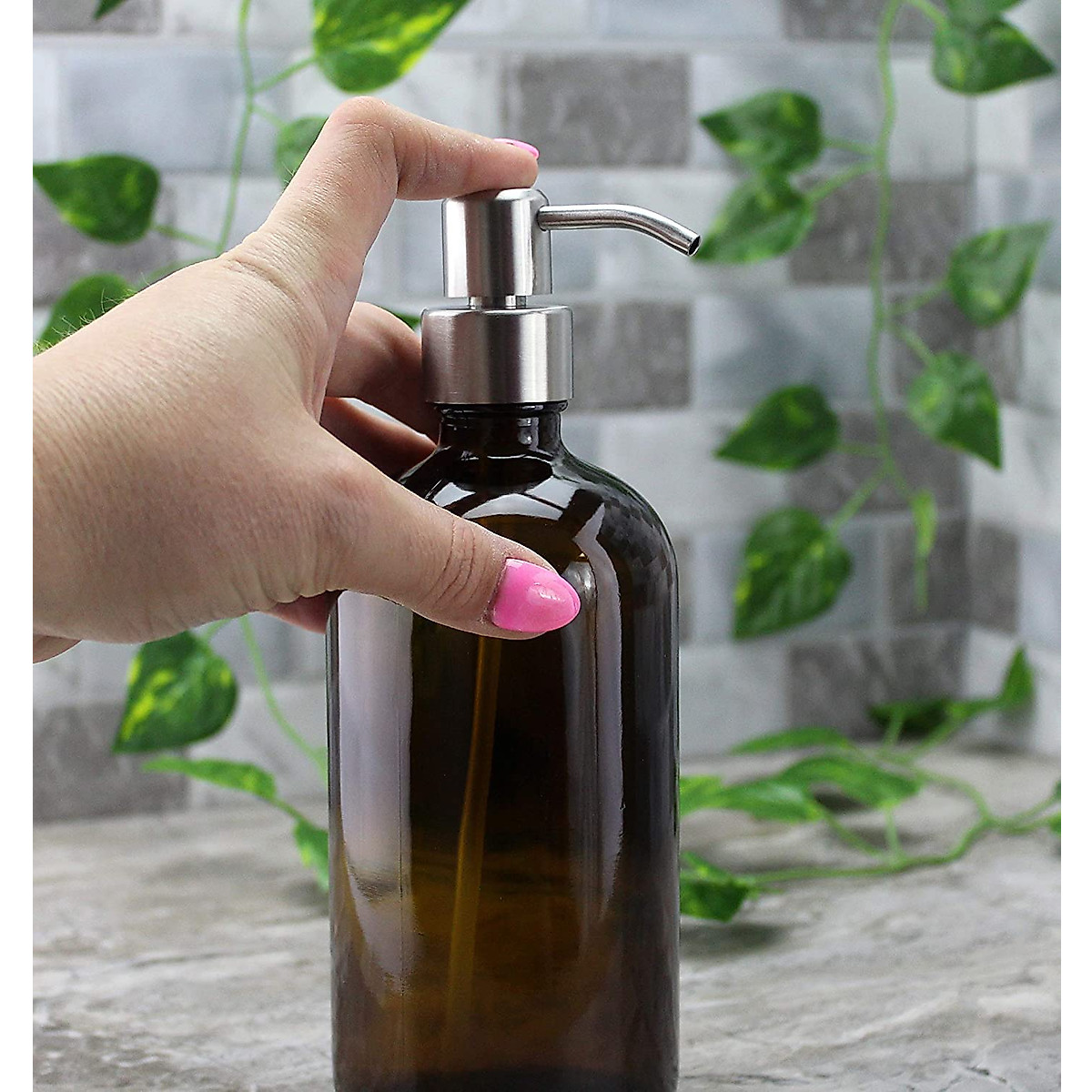 Cornucopia Brands 16-Ounce Amber Glass Bottles w/Stainless Steel Pumps (2-Pack); Lotion & Soap Dispenser Brown Boston Round Bottles for Aromatherapy, DIY