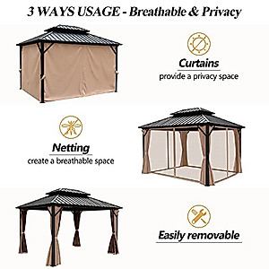 GARTOO 10x12FT Outdoor Galvanized Steel Top Gazebo with Double Roof - Heavy-Duty Hardtop Gazebo with Breathable Netting & Zipper Curtains for Patio, Porch, Garden, Lawn, Deck, Backyard