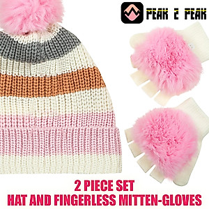 PEAK 2 PEAK Girls Hat and Fingerless Gloves Winter Set, Marled Yarn Knitted with Pink Pompom on hat and Glove - Age 4-12 Years