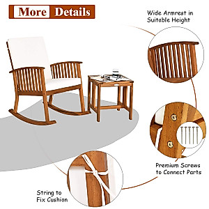 Tangkula Acacia Wood Patio Bistro Set, Outdoor Rocking Chair with Table, Porch Rocker with Thick Cushion of Detachable Cover, Porch Rocking Chair Table Set for Outdoor Indoor Patio Backyard, Teak