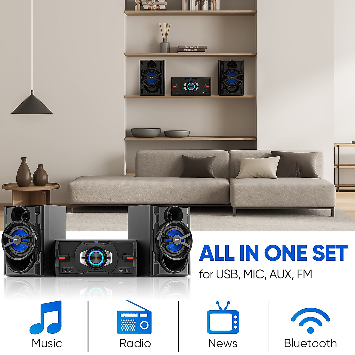 PyleUsa Wireless Bluetooth Stereo Boombox Radio Shelf Mini System - 500 Watt Max Power, Sleek Design for Home with MP3, USB, FM, Aux/2 mic Inputs, EQ, and Remote Control - PHSKR12