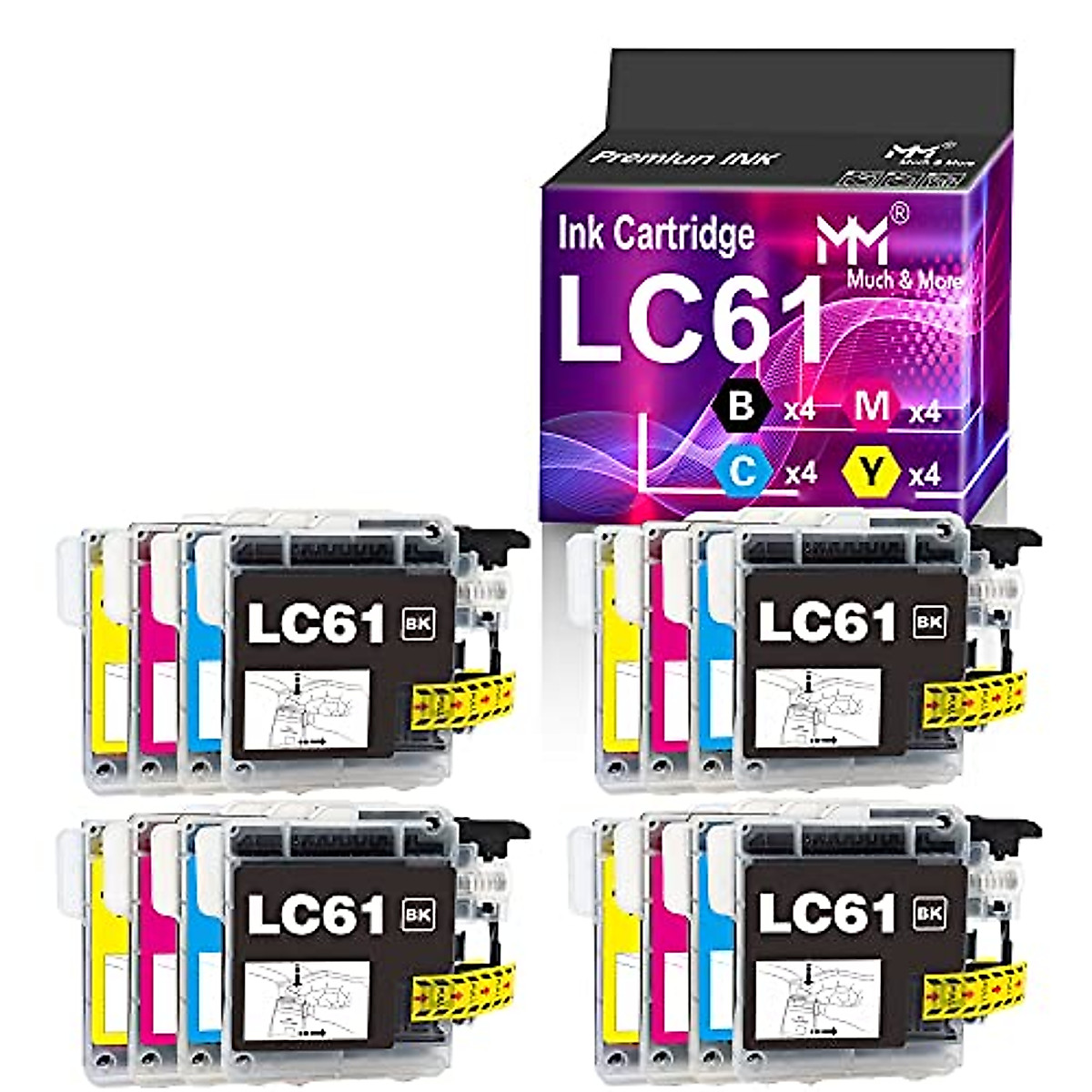 MM MUCH & MORE Compatible Ink Cartridge Replacement for Brother LC-61 LC61 LC65 XL use for MFC-J615W MFC-5895CW MFC-290C MFC-5490CN MFC-790CW MFC-J630W (4 Black, 4 Cyan, 4 Magenta, 4 Yellow, 16-Pack)