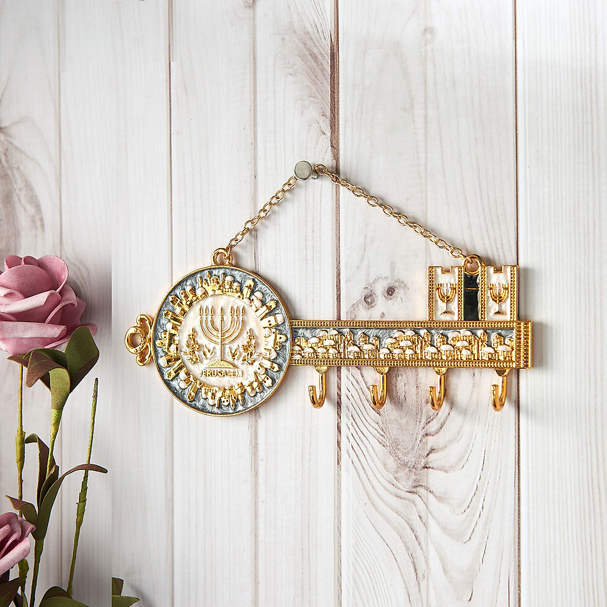 Matashi Hand-Painted Grey and Ivory Enamel Menorah and Jerusalem Cityscape Design Decorative Hanging Wall Hooks for Entryway Hallway Bedroom Kitchen and Home Decor