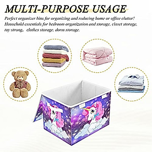 DOMIKING Unicorn Pink Head Galaxy Toy Storage Trunk with Lid Collapsible Storage Box Organizer with Handles for Nursery Drawer Shelves Cabinet