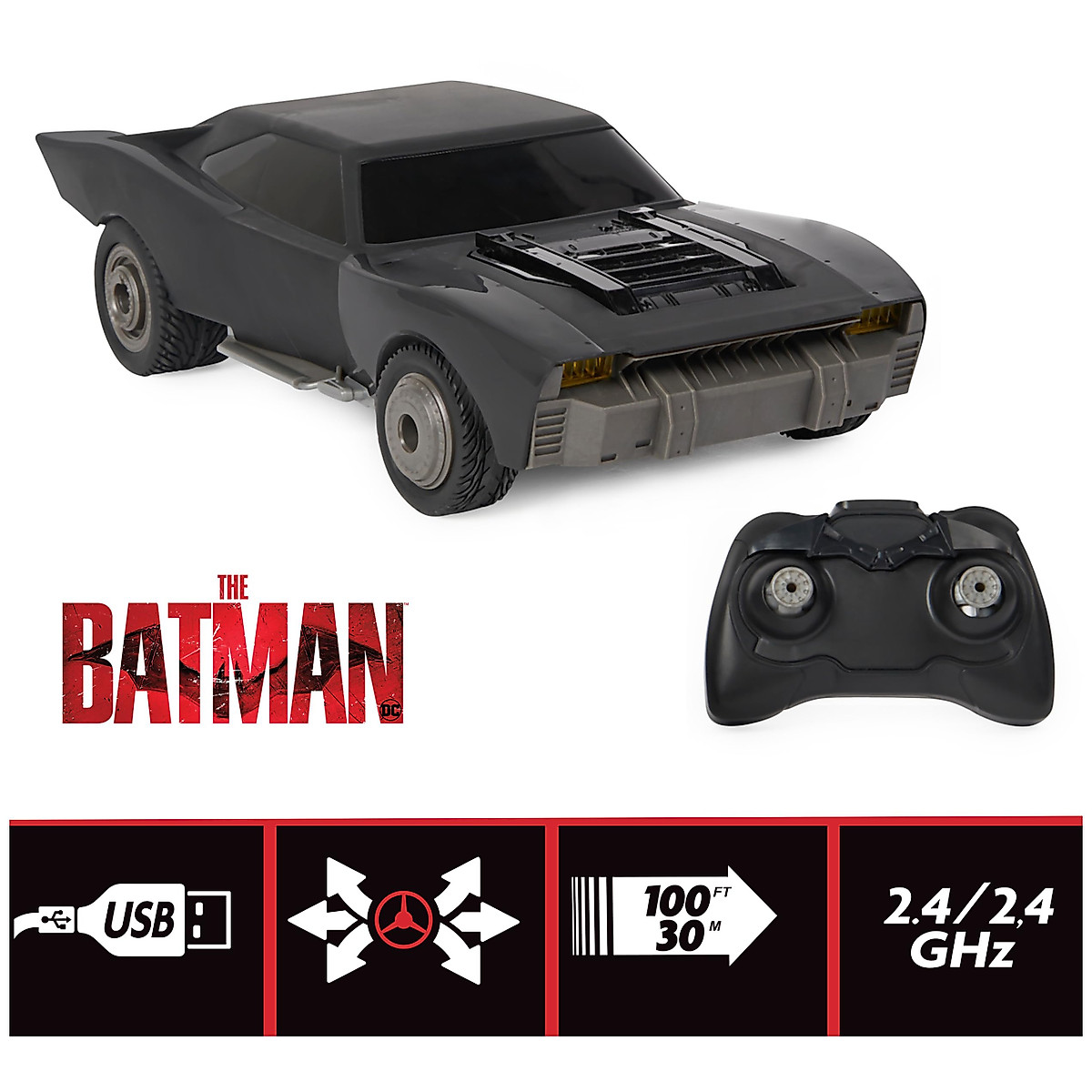 DC Comics, The Batman Turbo Boost Batmobile, Remote Control Car with Official Batman Movie Styling Kids Toys for Boys and Girls Ages 4 and Up