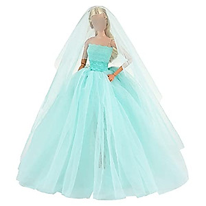 BARWA Light Blue Wedding Dress with Veil Evening Party Princess Light Blue Gown Dress for 11.5 inch Girl Doll
