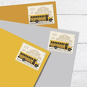 School Bus Additional Ounce Postage Stamps 1 Sheet of 20 Students Children Teachers Celebration Party Announcement (20 Stamps), Yellow