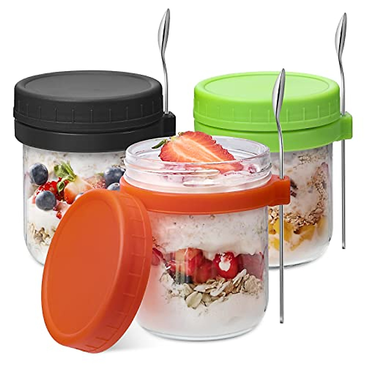 DREAMOSA 3 Set Overnight Oats Containers with Lids and Spoon 12 Oz Glass Mason Overnight Oats Jars (Green-Orange-Grey)