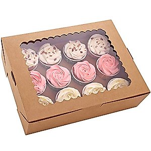 Tcoivs 6-Set Cupcake Boxes Hold 12 Standard Cupcakes, Brown Cupcake Containers with Windows and Inserts, Cupcake Carrier, Food Grade Kraft Cupcake Holders