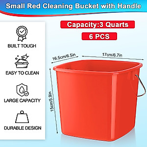 Zhehao 6 Pcs 3 Quart Cleaning Bucket Small Red Detergent Square Bucket Sanitizing Plastic Bucket with Handles Square Buckets Cleaning Bucket for Home, Offices, School, Commercial Use, Food Service