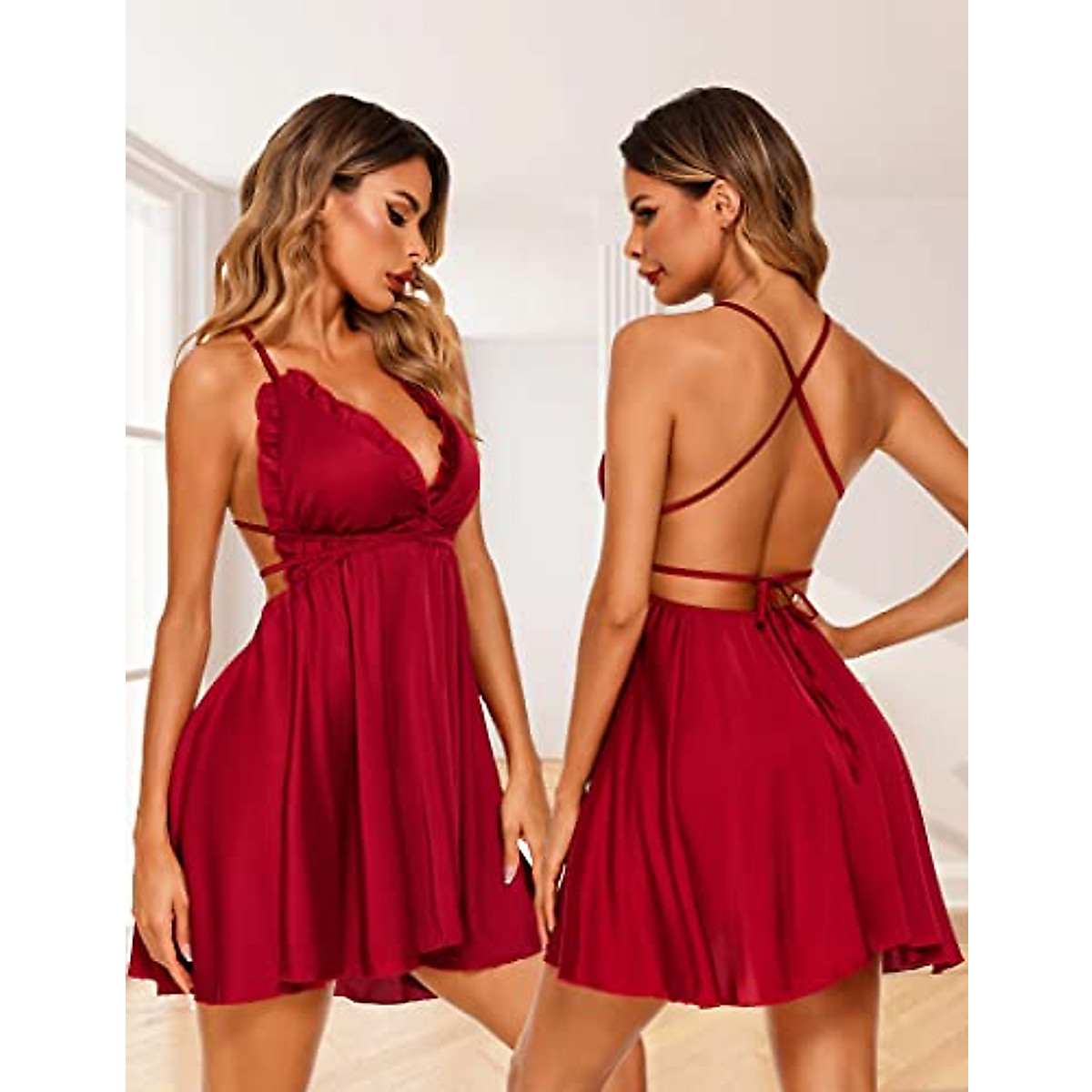 Avidlove Women Lingerie Satin Lace Nightgown Sexy Full Slips Sexy Silk Sleepwear Dress Wine Red