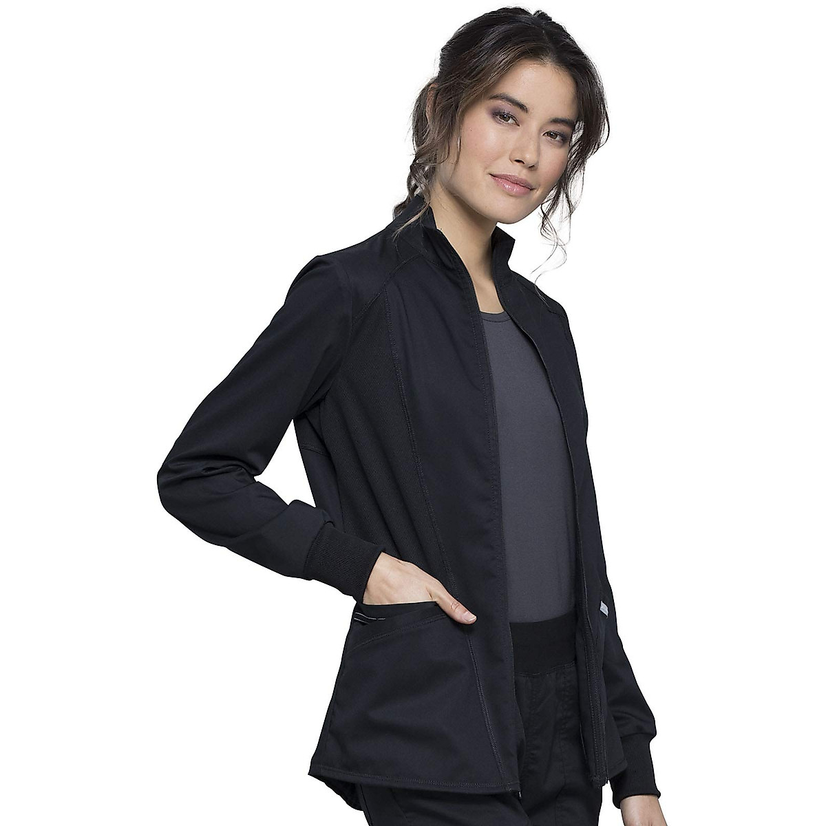Cherokee Women Scrubs Jacket Workwear Revolution Zip Front High-Low WW301, M, Black
