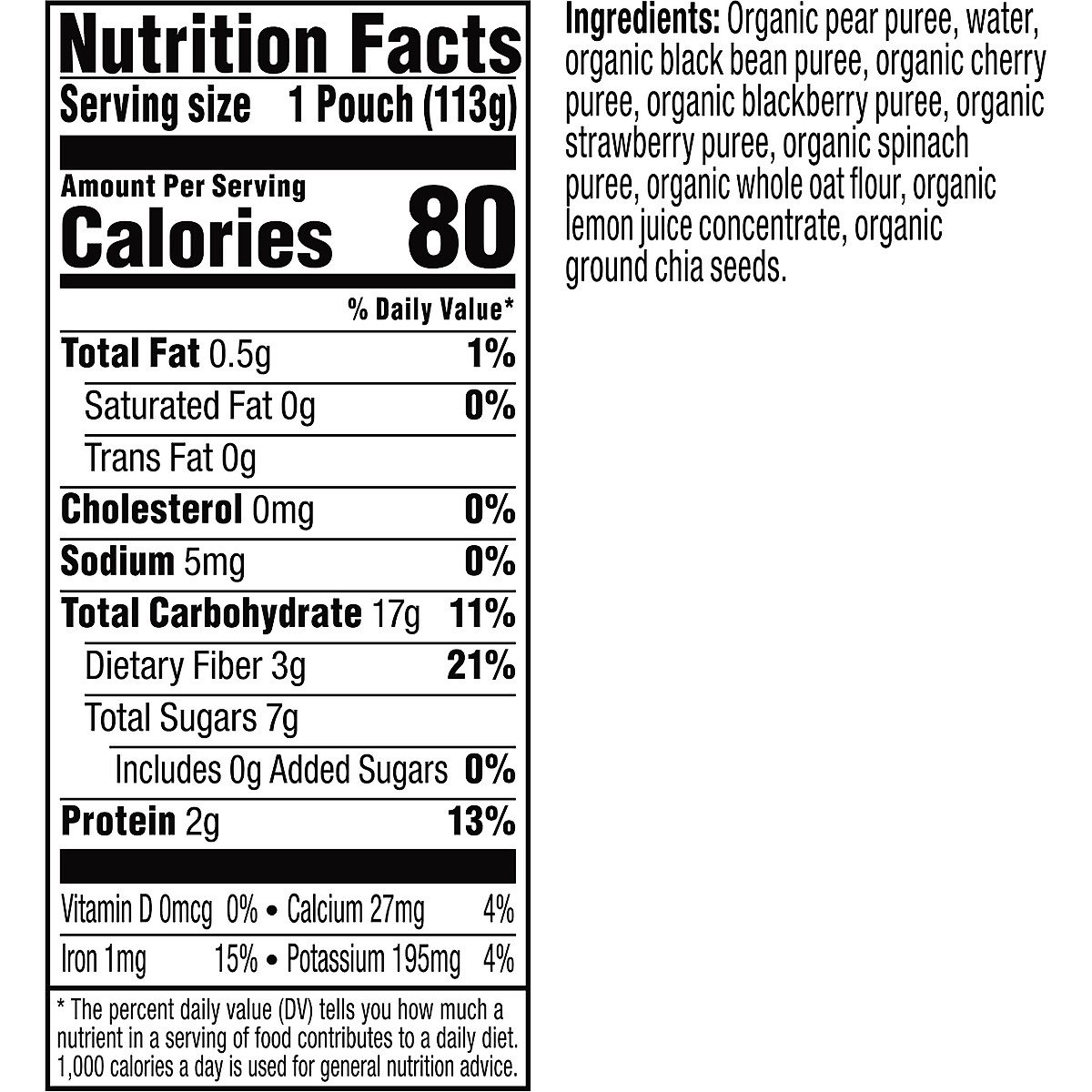 Plum Organics Mighty 4 Organic Toddler Food - Pear, Cherry, Blackberry, Strawberry, Black Bean, Spinach, and Oat - 4 oz Pouch (Pack of 12) - Organic Fruit and Vegetable Toddler Food Pouch