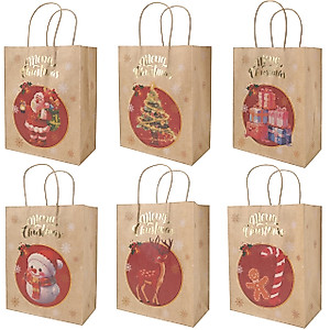 Qirrmiy 24-Pack 10.4” Medium Christmas Gift Bags with Handles, Kraft Brown with Santa Claus, Snowman, Gifts, Gingerbread man, Reindeer, Trees for Gifts, Decorations, Holiday Party, 24 Pcs