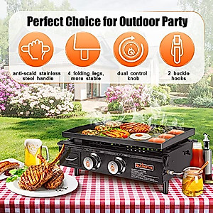 QuliMetal Flat Top Grill Non-Stick Griddle Portable Griddle Table Top Griddle Propane Grill with Carry Bag 22 Inch,348 Sq,24,000BTU,304 Stainless Steel Burner,Ceramic Coating for Outdoor Camping Party Tailgating