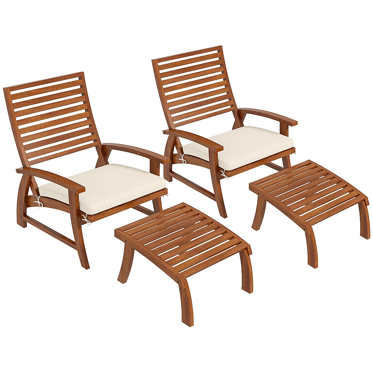 Outsunny 4 Piece Patio Furniture Set, 2 Chairs with Cushions & Ottomans, Outdoor Chair Set for 2 with Footstools, Slatted Acacia Wood Seat & Backrest, Cream White