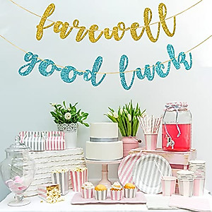 Halodete Farewell Good Luck Banner, Retirement Banner, Farewell, Going Away, Job Change, Adventure Awaits Celebration Party Garland Bunting Decorations - Gold Blue Glitter