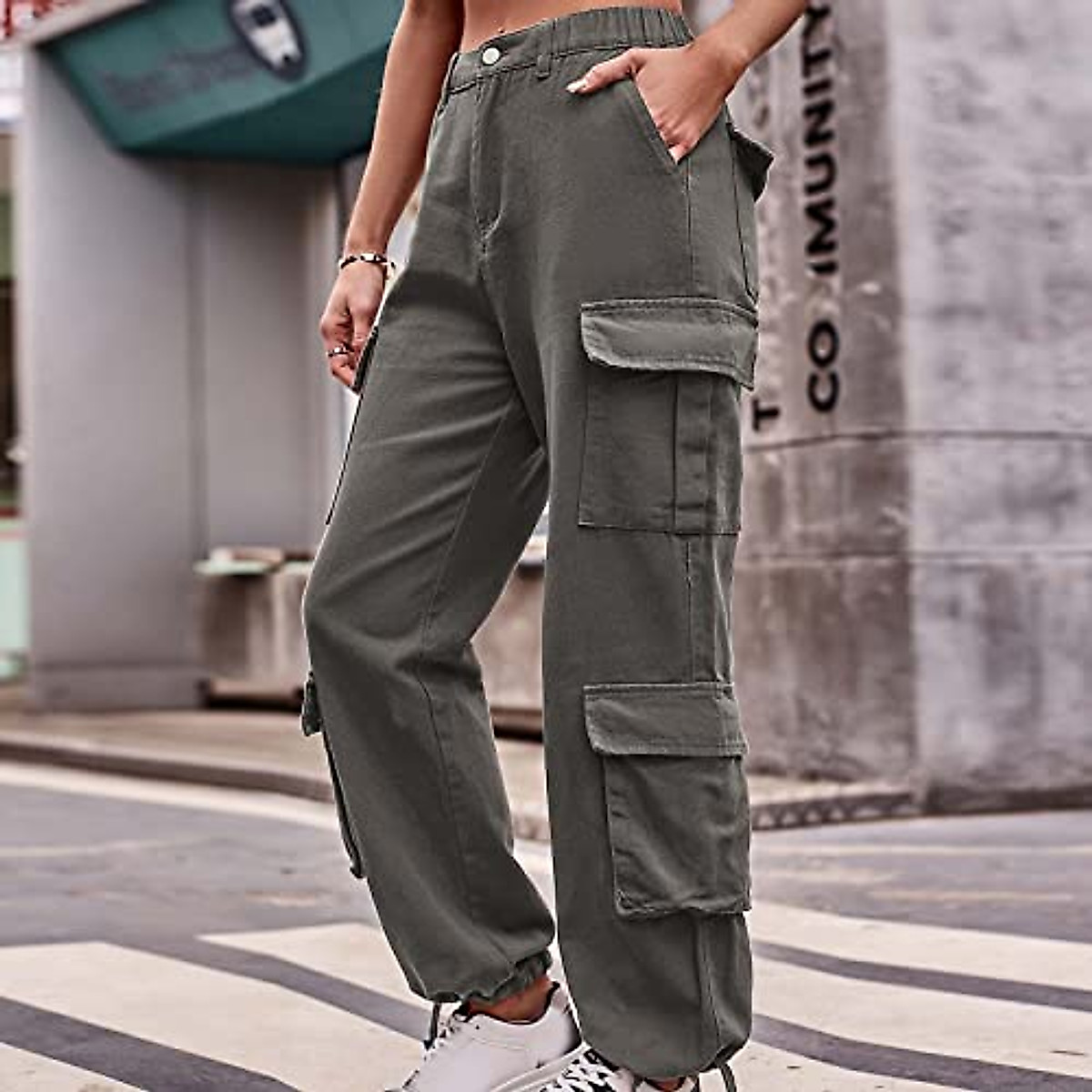 NATHGAM Women High Waisted Cargo Pants Baggy Wide Leg Casual Hiking Pants Outdoor Mountaineering Combat Military Trousers Gray