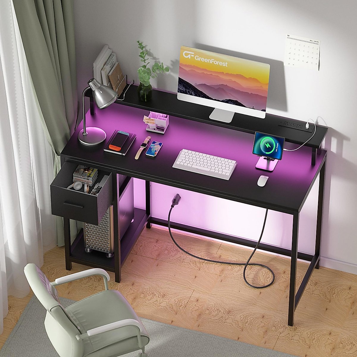 GreenForest Gaming Desk 47 Inch with LED Lights and Monitor Stand, Computer Desk with Drawer for Small Spaces, Office Desk with Power Outlets and Shelf, Black