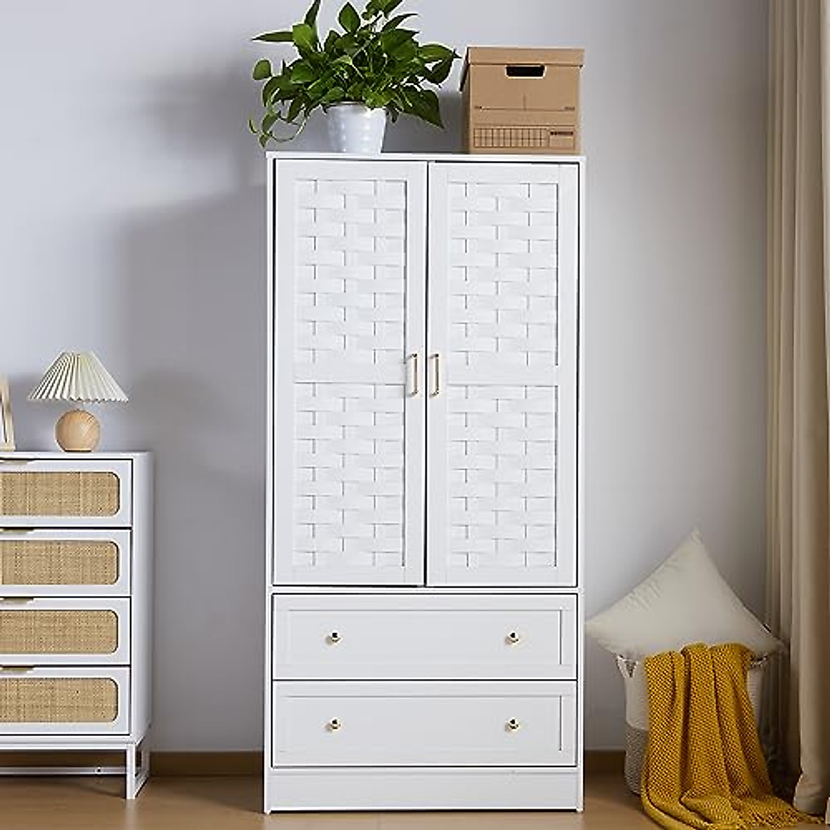 QEIUZON Wardrobe Closet, Freestanding Closet Wardrobe Cabinet with Wide Drawers & Hanging Rod, Armoire for Bedroom, Kids' Room, Dorm (White)