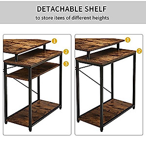 Merax, Brown Computer Desk, 65" Study Writing Home Office, Drafting Drawing Table with 5-Tier Bookshelf, 2 Open Storage Shelf and Tiltable Desktop