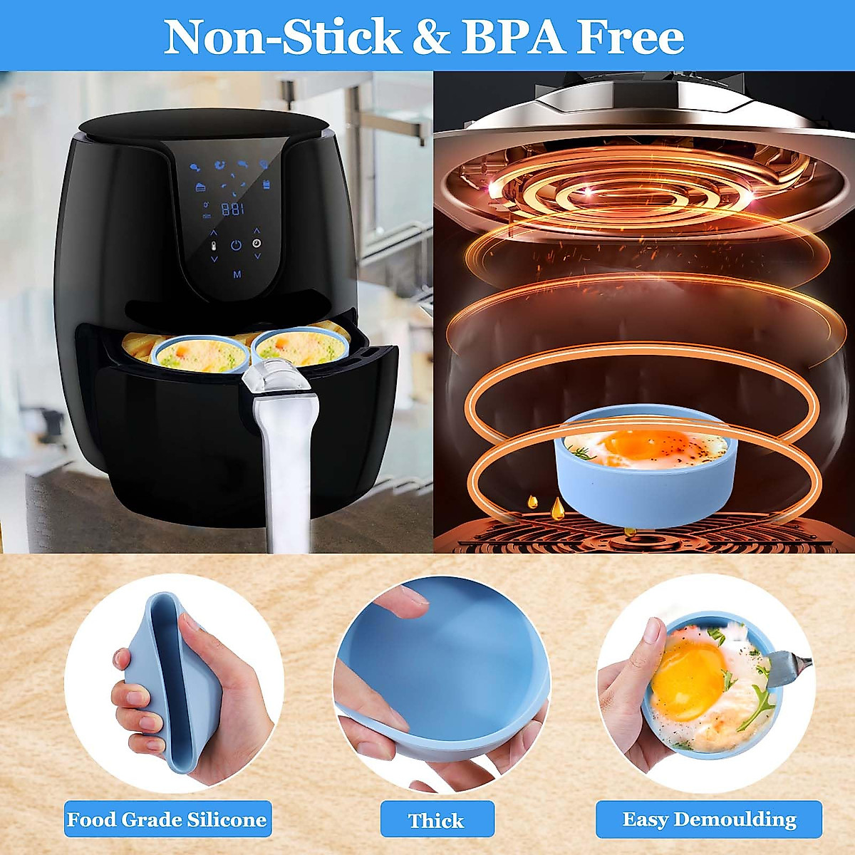 XANGNIER Silicone Air Fryer Egg Mold,3 Pcs Reusable Nonstick Egg Bites Pan-Alternative to Microwave Egg Cooker/Sous Vide Egg Bite Maker,BPA Free,Dishwasher Safe,Air Fryer Accessories,Blue