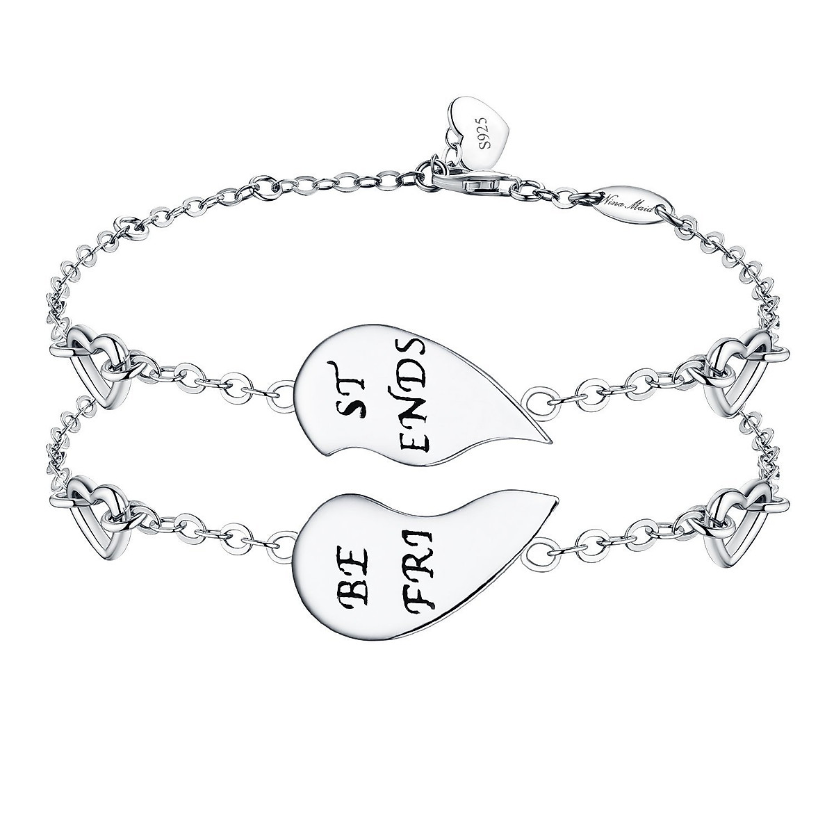 NINAMAID " BEST FRIENDS Engraved 925 Sterling Silver Half Heart Shaped Inspirational Friendship Bracelets Set of 2