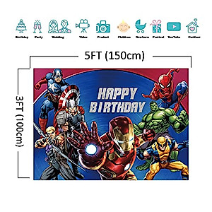 Cartoon Superhero Theme Photography Backdrop Happy Birthday Party Banner Photo Background 5x3FT Cake Table Decoration Studio Booth Props