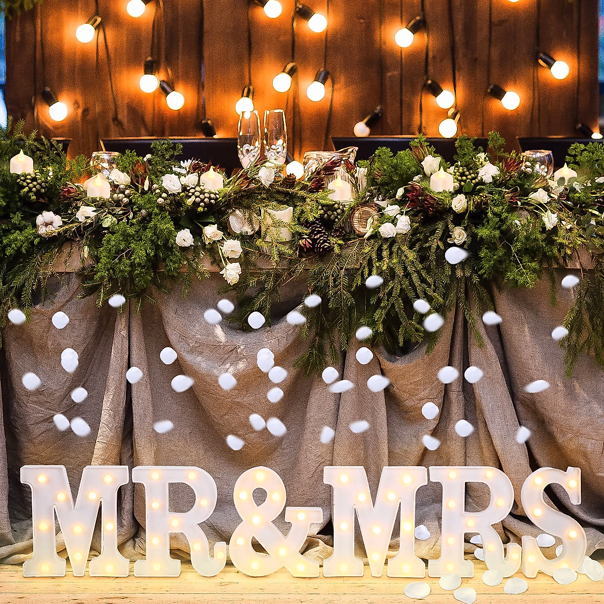 6 Pcs Mr and Mrs LED Sign 12 Pcs Flameless LED Candles 300 Pcs Artificial Rose Petals Neon Mr and Mrs Sign for Wedding Table Heart Romantic Candles Light up Letters for Romantic Night Decor (White)