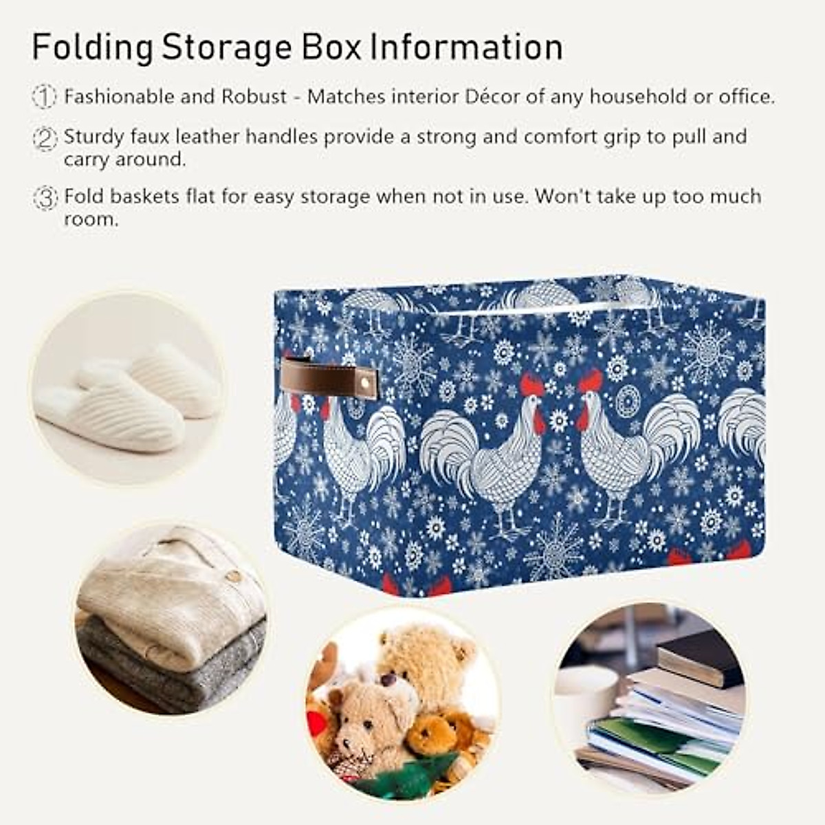 Roosters Farmhouse Snowflakes Storage Basket Bins Collapsible Toy Storage Bins with Handles Laundry Baskets for Playroom Living Bed Room Office Clothes Nursery,1 pcs