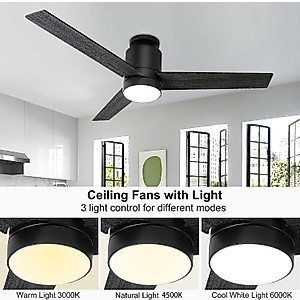 Flybull Ceiling Fans with Lights Flush Mount, 52 Inch Modern Black Ceiling Fan with Light and Remote Control - 3 Wood Blades LED Ceiling Fan Low Profile Ceiling Fan Light