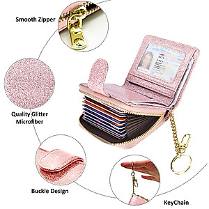Beurlike Women's RFID Credit Card Holder Organizer Case Leather Security Wallet (Upgrade a (10 Accordion/Key Ring) - Glitter RoseGold)