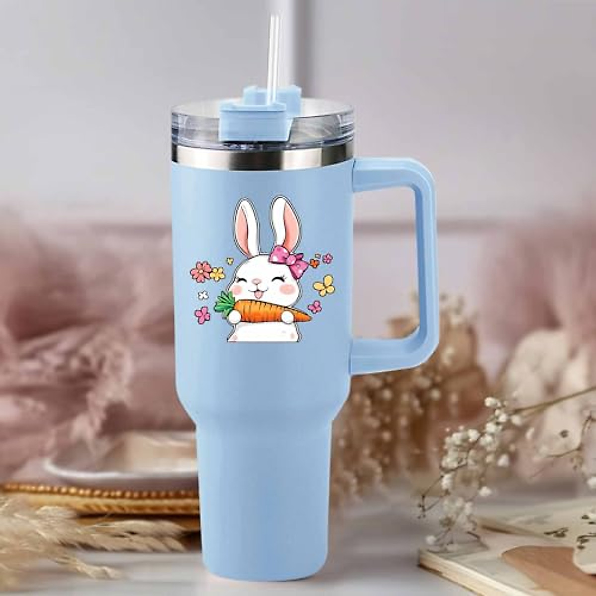 40 ounce insulated cup with handle, double-layer vacuum stainless steel material, equipped with straw, can keep warm or maintain cold drinks Easter Rabbit Carrot 1 wathet