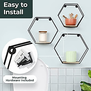 Greenco Geometric Hexagon Shaped Floating Shelves, Honeycomb Shelves, Home Decor, Metal Wire and Rustic Wood Wall Storage Shelves for Bedroom, Living Room, Bathroom, Kitchen and Office – Set of 3