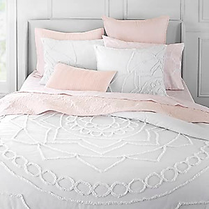 MARTHA STEWART Sophia Medallion Chenille Duvet Cover Queen Size, 3 Piece Set- 1 Duvet Cover, 2 Pillow Shams, Cotton-Percale, Soft, Reversible, Easy Wash, All Season 90"x92" with Button Closure, White