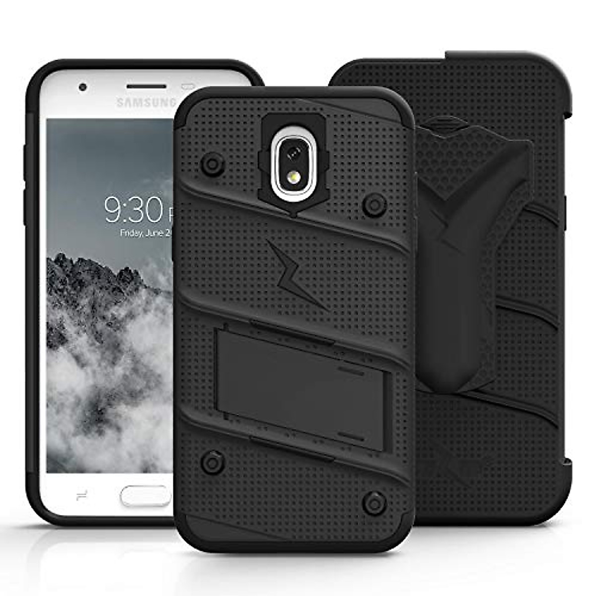 ZIZO Bolt Series Samsung Galaxy Amp Prime 3 Case Military Grade Drop Tested with Tempered Glass Screen Protector Holster Black