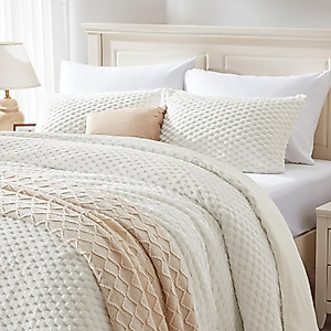 BEDELITE Fluffy Queen Comforter Set - Cream White Fleece Soft Comforter for Queen Size Bed, Luxury Warm Bedding Set for Winter, Fuzzy Bed Set 3 Pieces (1 Comforter, 2 Pillowcases)