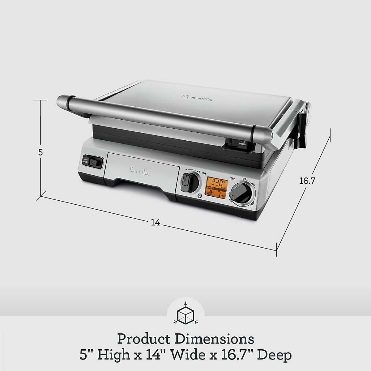 Breville BGR820XL Smart Grill, Electric Countertop Grill, Brushed Stainless Steel., 14" x 14" x 5 3/4"