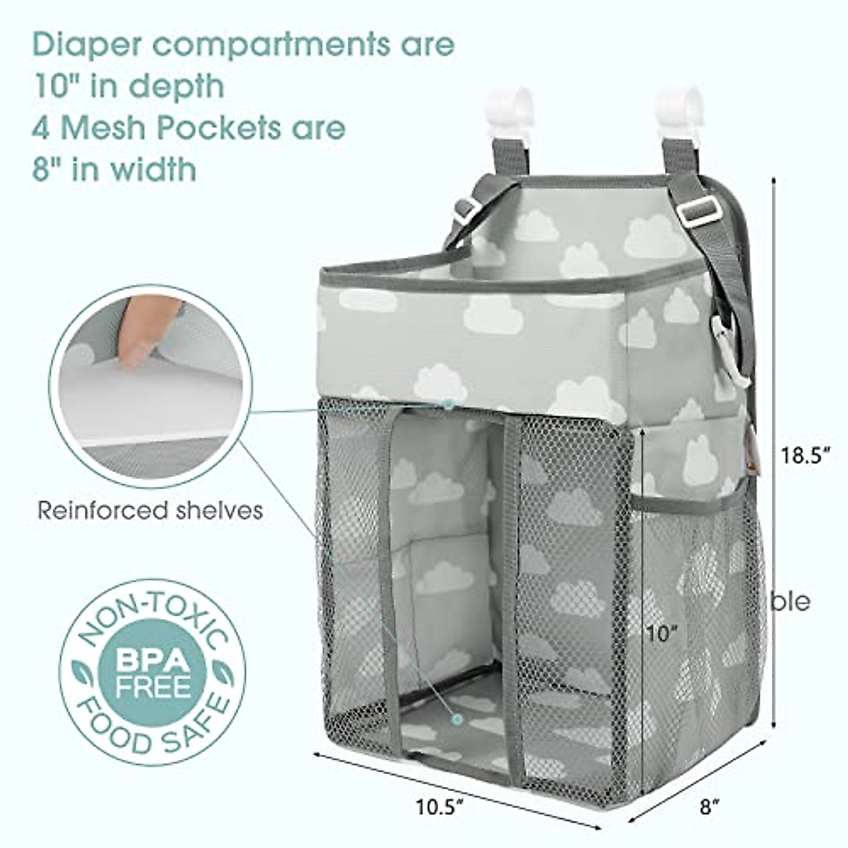 Maliton Hanging Diaper Caddy Organizer - Diaper Stacker for Changing Table, Crib, Playard or Wall & Nursery Organization Baby Shower Gifts for Newborn (Gray Cloud)